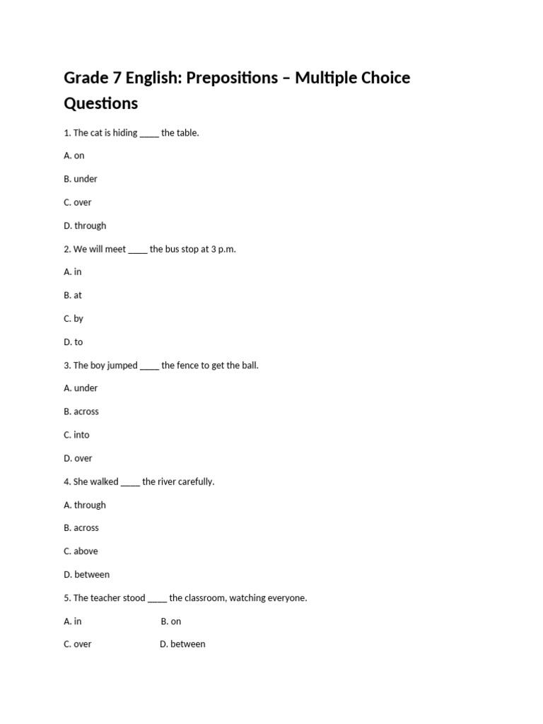 Grade 7 EnglishPrepositions-WPS Office | PDF