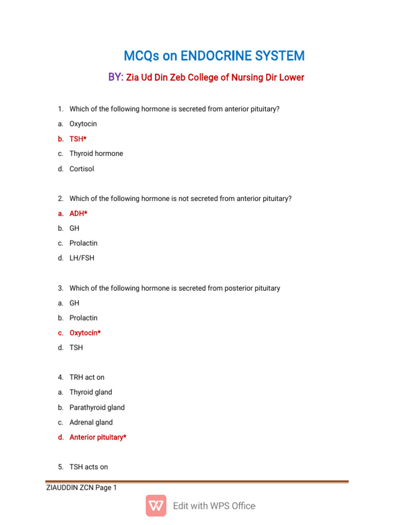 135 Solved MCQs Endocrine System | PDF | Endocrine System | Pituitary Gland