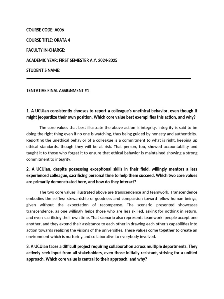 4-Tentative Final Assignment 1 | PDF | Integrity | Value (Ethics)
