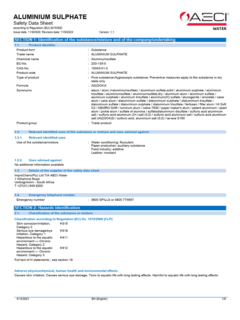 Aluminium Sulphate Msds | PDF | First Aid | Firefighting