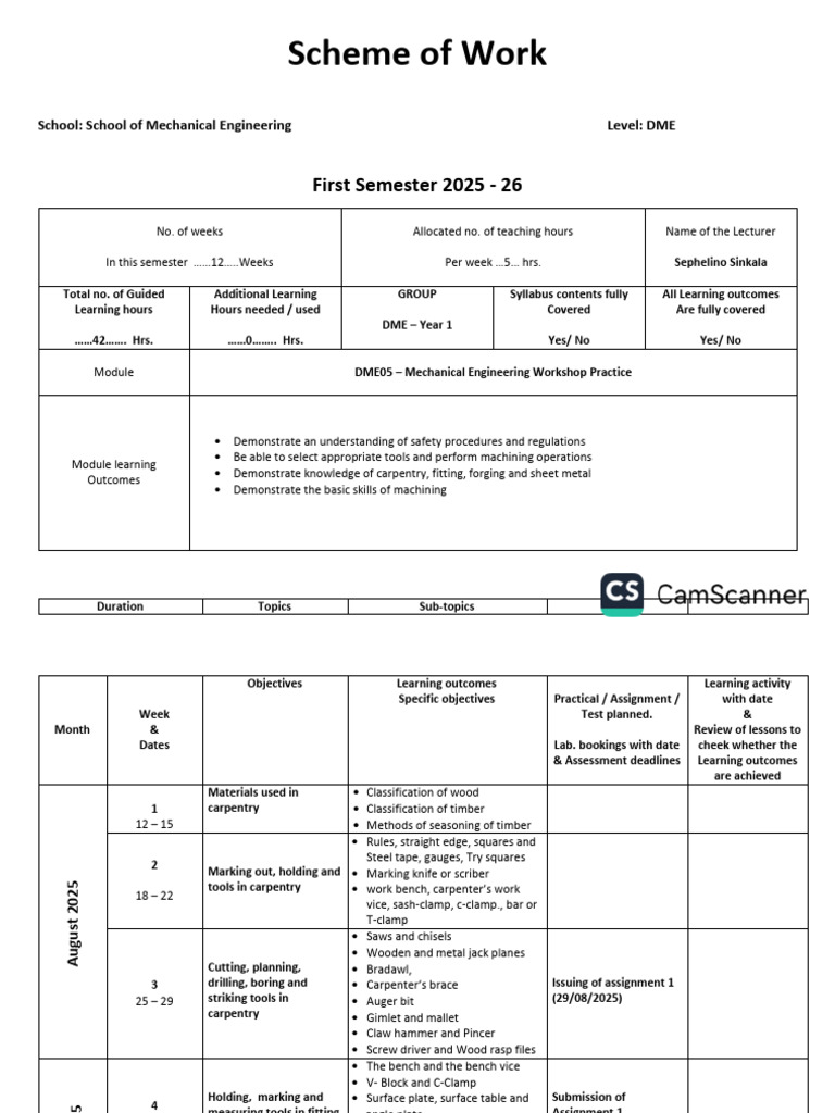 DME05 - Scheme of Work - Mechanical Engineering Workshop Practice - 2025-26 | PDF | Forging ...