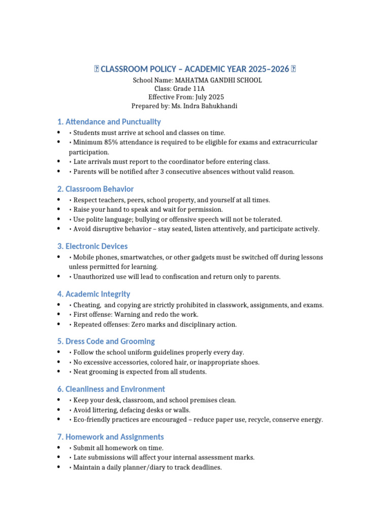 Grade 11A Classroom Policy 2025-2026 | PDF