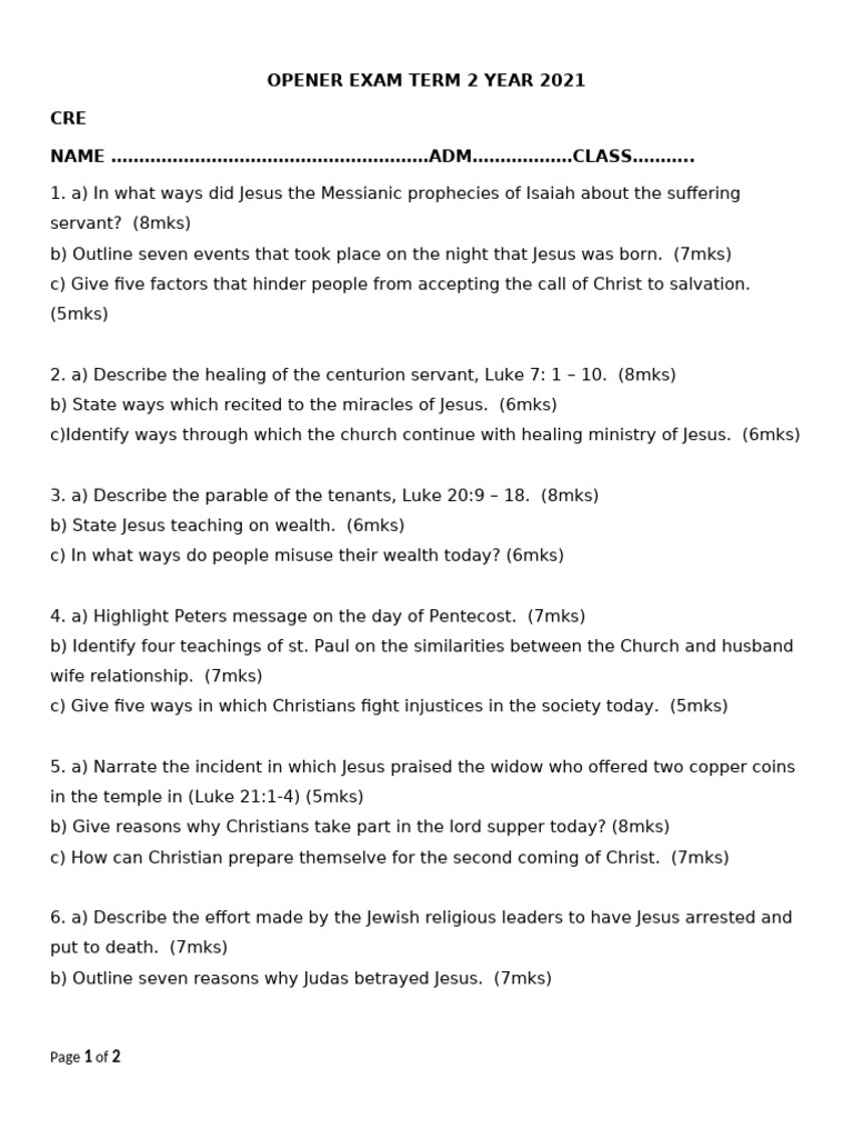 CRE PP2 Form 3 Holiday Questions April 2021 Teacher - Co .Ke | PDF