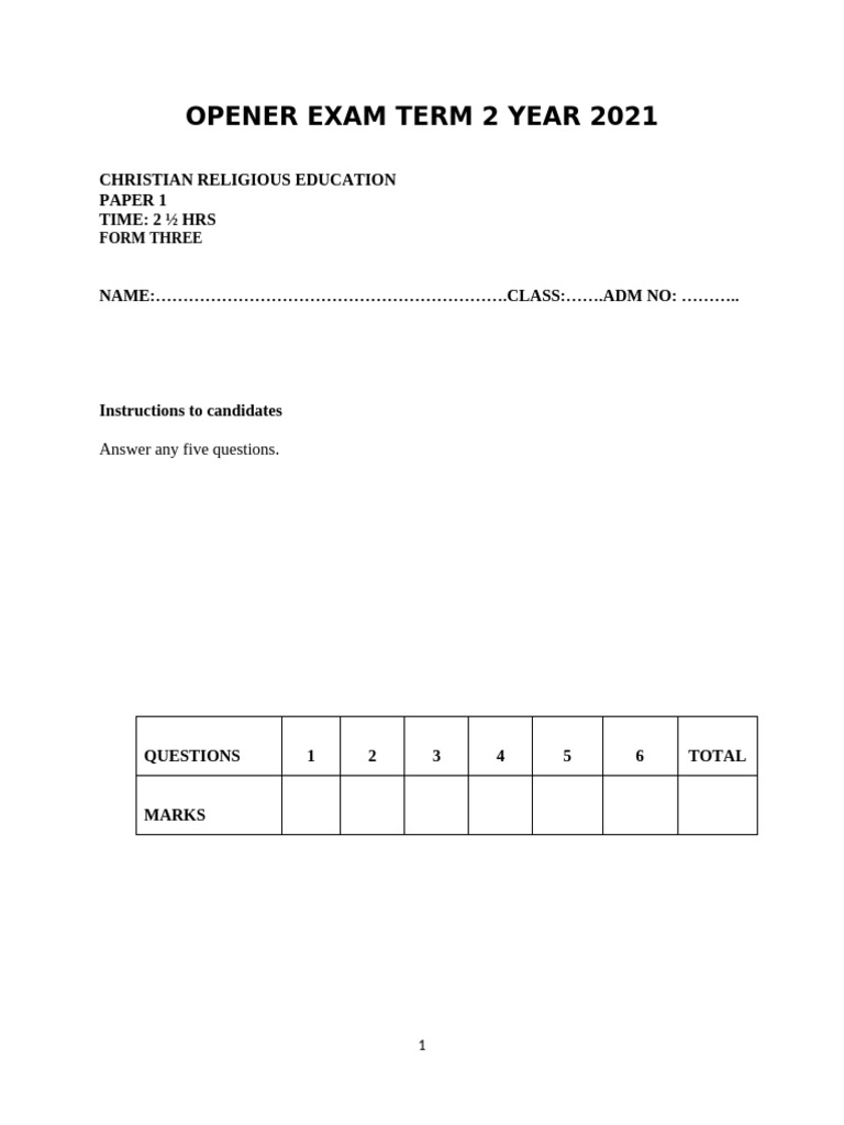 CRE Paper 1 Form 3 Holiday Questions April 2021 Teacher - Co .Ke | PDF ...