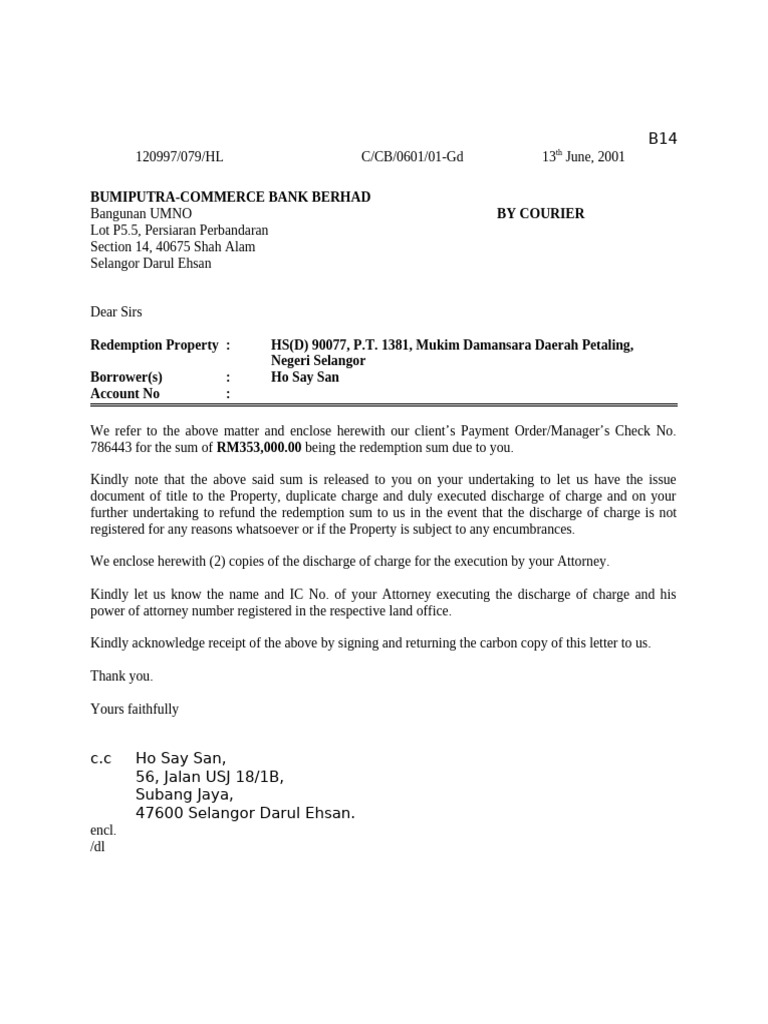 Sample Let To Bank On Discharge of Charge | PDF