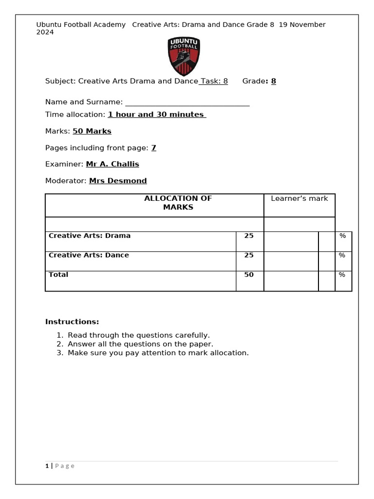 Grade 8 Creative Arts Exam Paper | PDF | Dances | Foot
