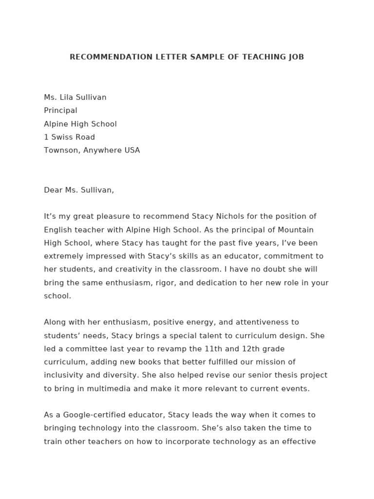 Recommendation for English Teacher Position | PDF