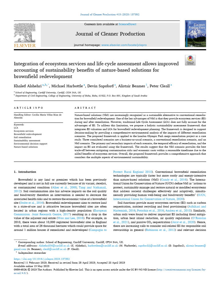 Journal of Cleaner Production: Khaled Alshehri, Michael Harbottle ...