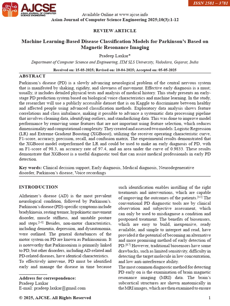 Machine Learning-Based Disease Classification Models For Parkinson's Based On Magnetic Resonance ...