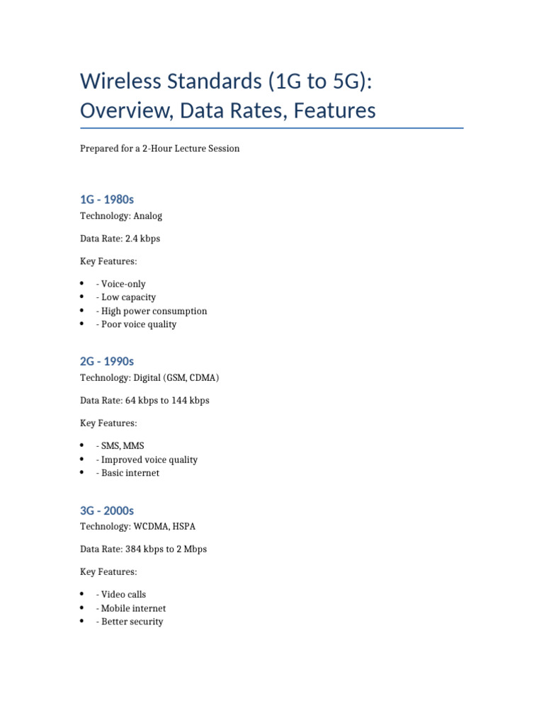 Wireless Standards 1G to 5G Handout | PDF