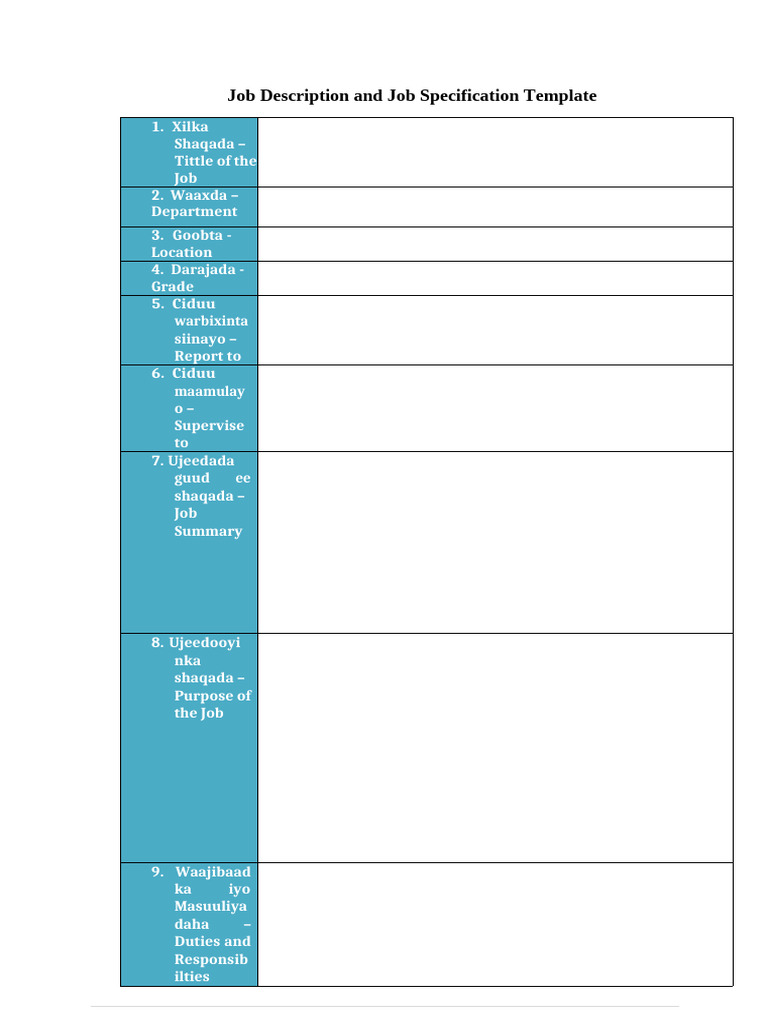 Job Description and Job Specification Template | PDF