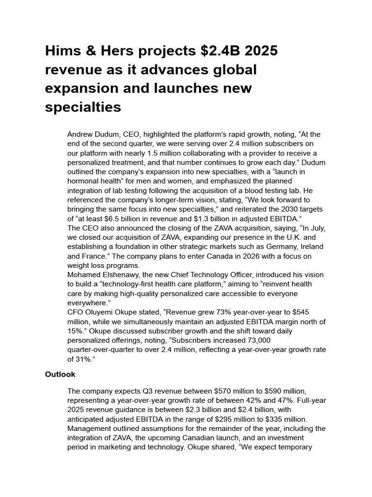 Hims & Hers Projects $2.4B 2025 Revenue As It Advances Global Expansion ...