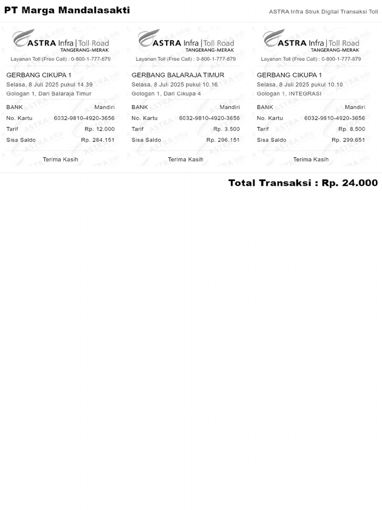 Contoh Struk Digital Tol Astra | PDF