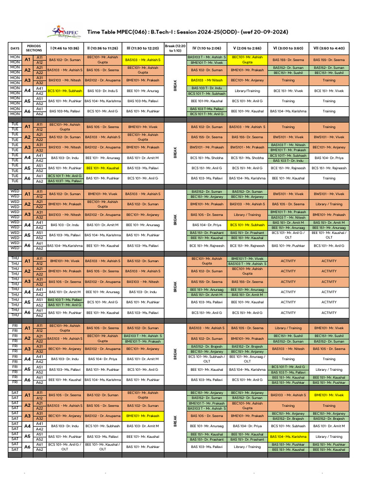 1 - A - Time Table MPEC First Year 2024-25 Updated | PDF