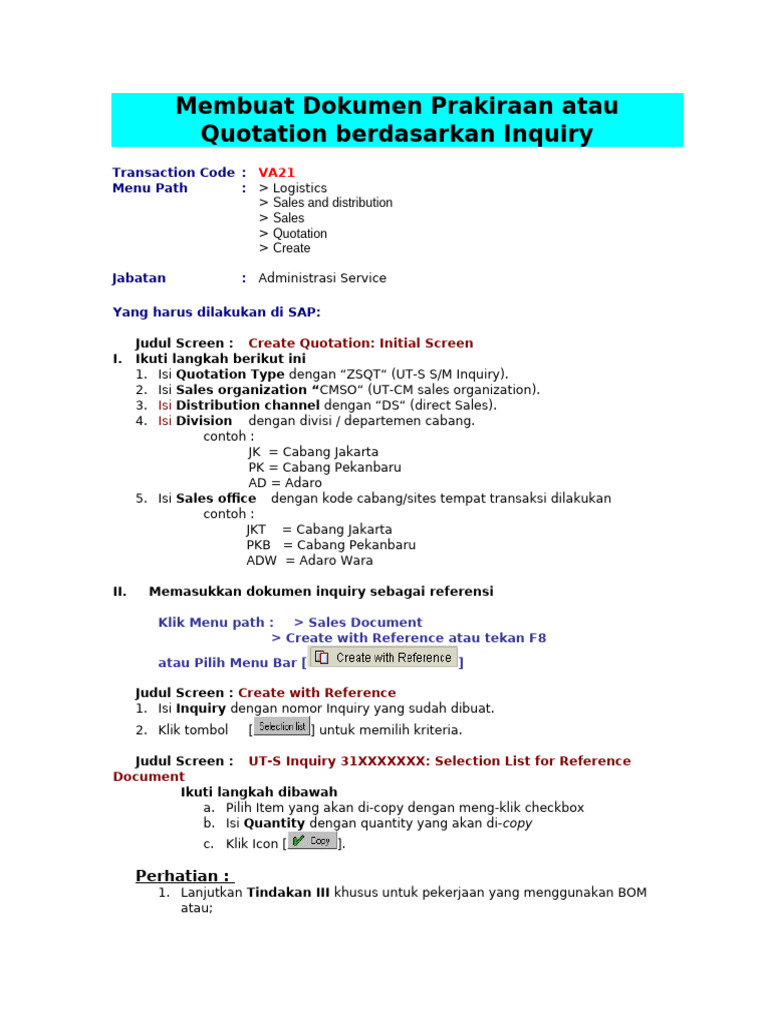 Panduan Membuat Quotation di SAP | PDF