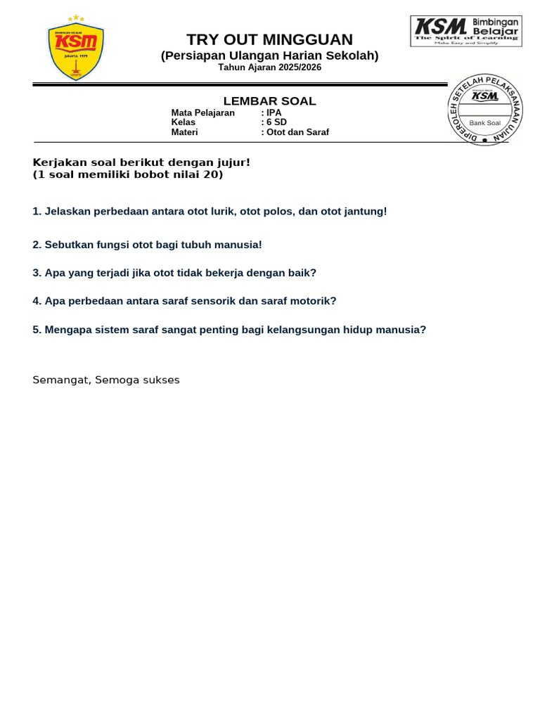 Soal IPA Kelas 6: Otot dan Saraf | PDF