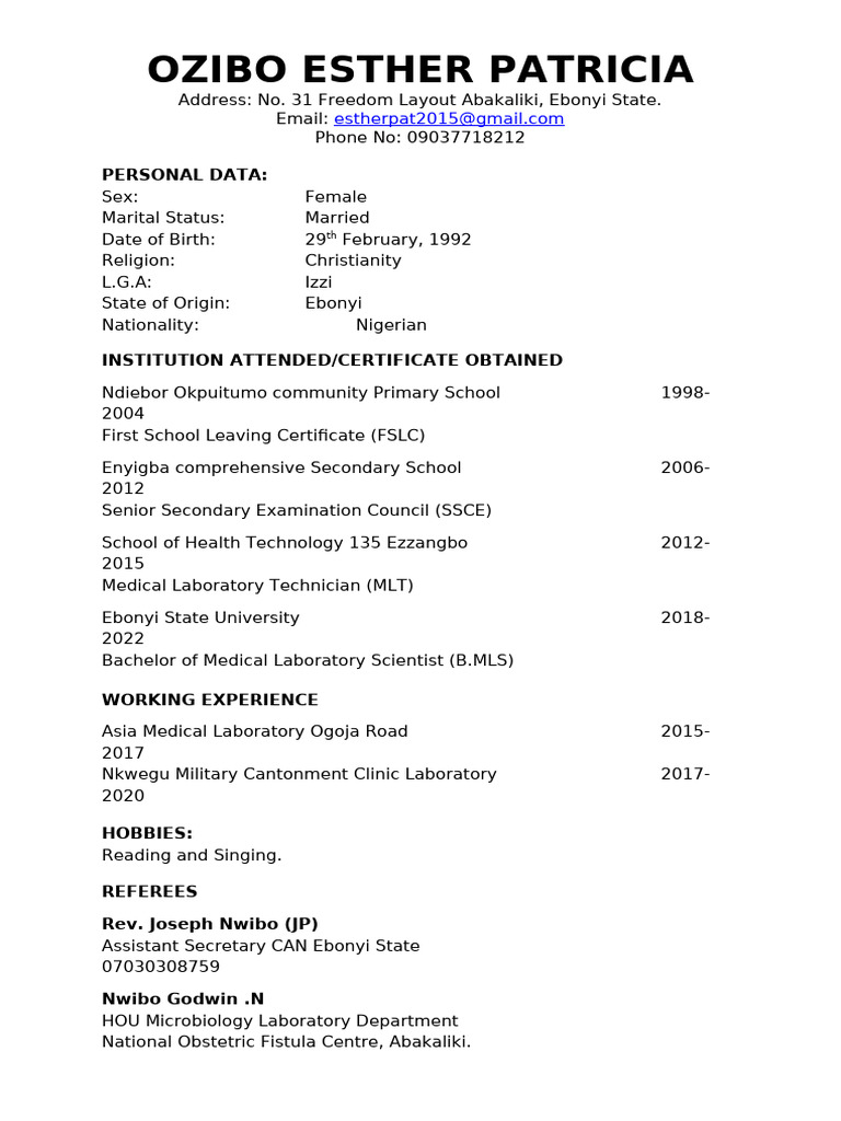 Ozibo Esther Patricia's CV Summary | PDF