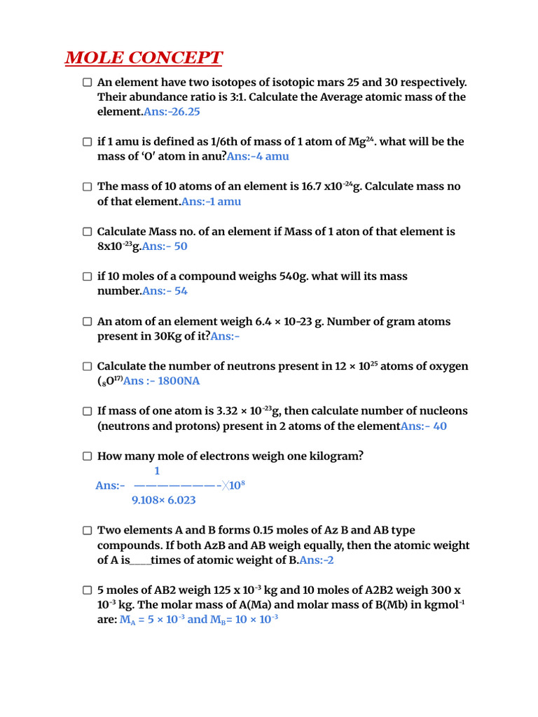 Mole Concept Questions | PDF | Mole (Unit) | Atoms