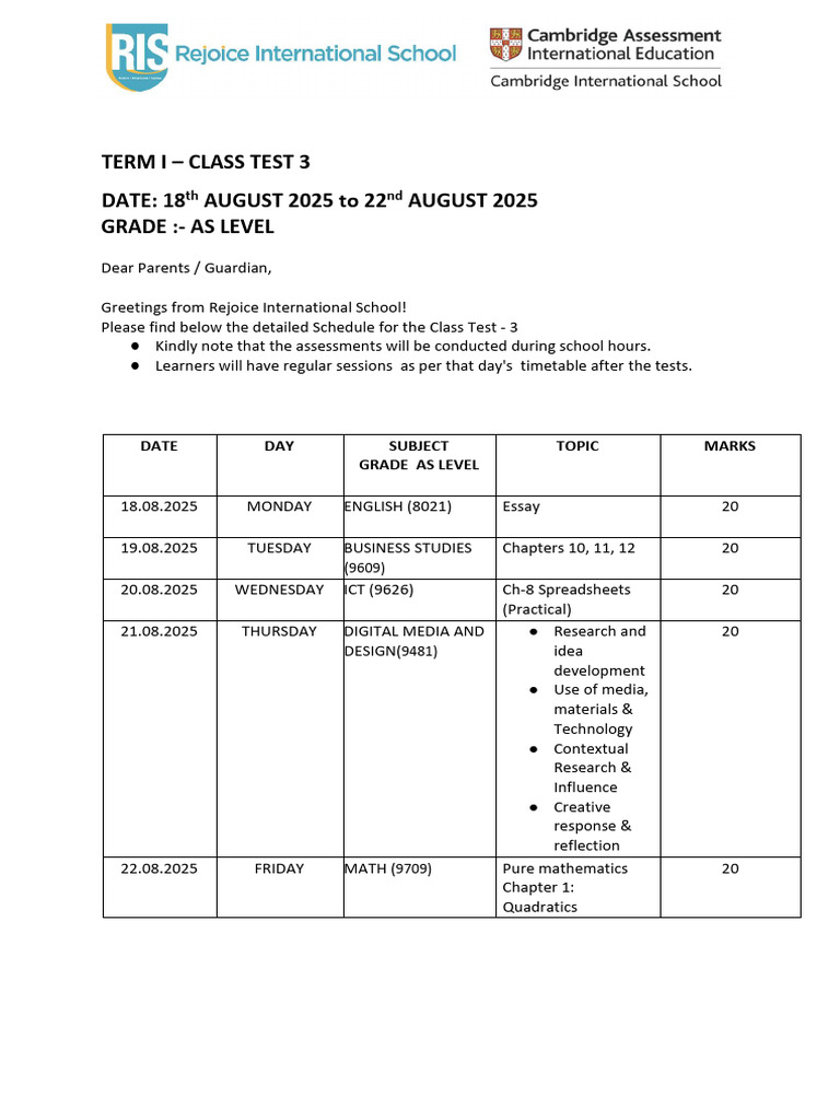 As Levels CT 3 Class Test Timetable 2025 | PDF