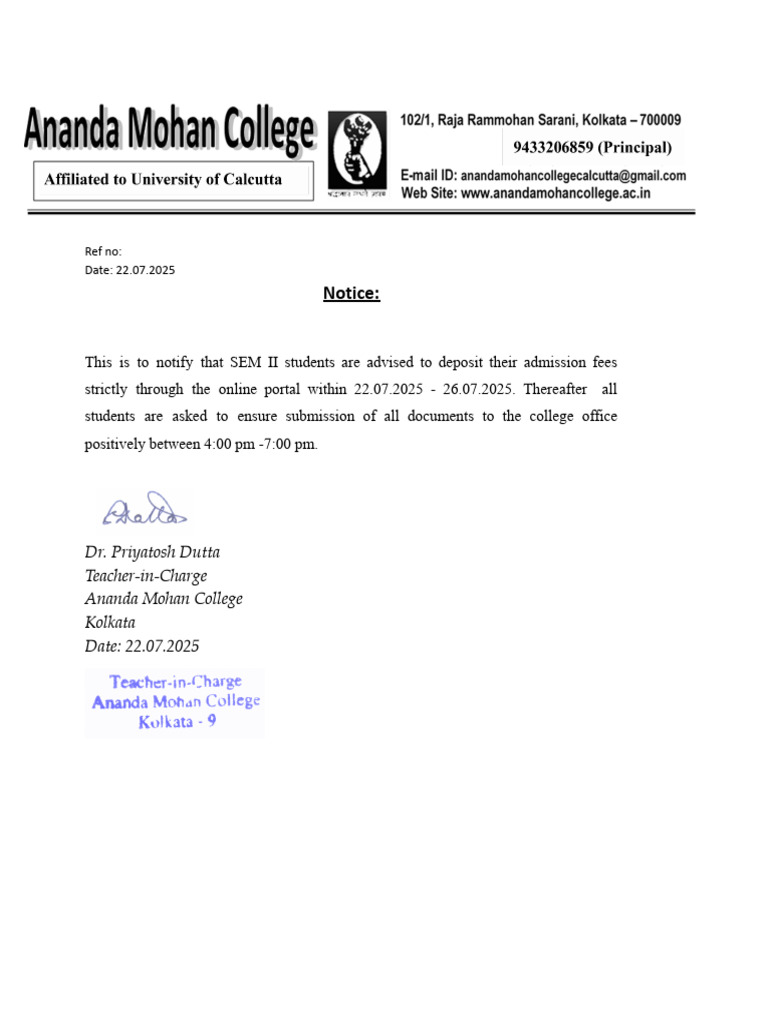SEM II Admission Fee Submission Notice | PDF