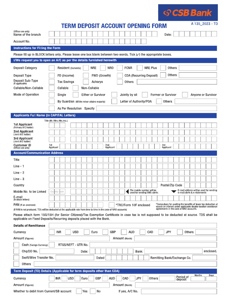 CSB Term Deposit Application Form | PDF