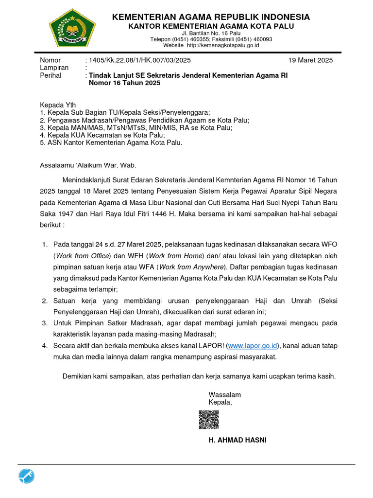 Jadwal WFO dan WFH ASN Kemenag Palu | PDF