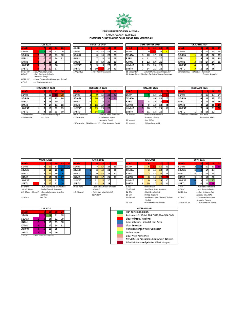 Kalender Pendidikan Aisyiyah 2024-2025 | PDF