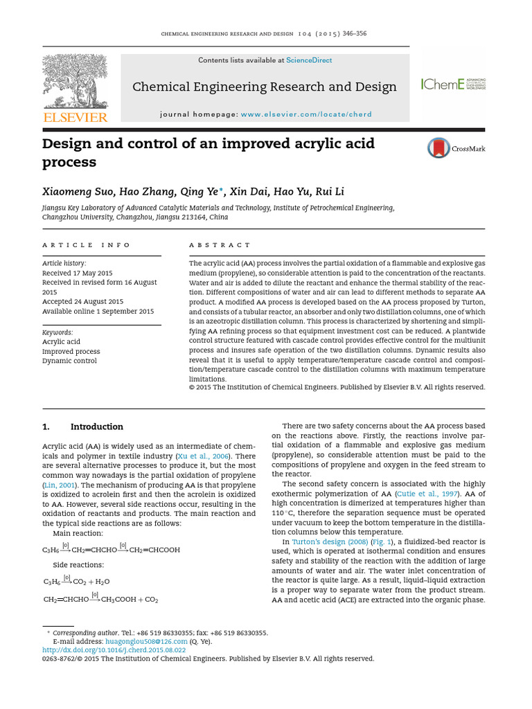 Acrylic Acid | PDF | Distillation | Chemical Reactor