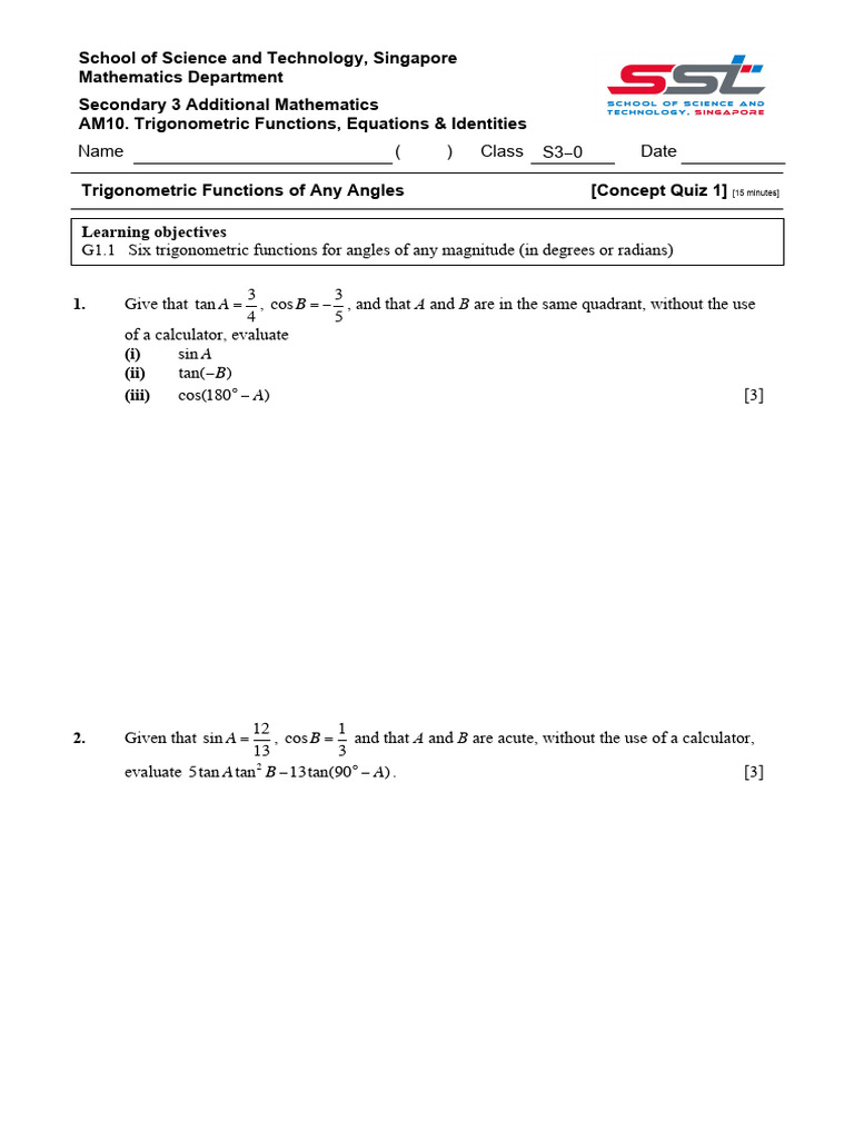 Trigonometric Functions Quiz for S3 | PDF