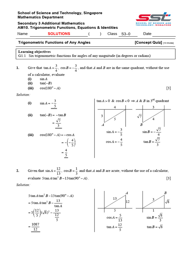 S3AM10 Trigonometry [Quiz 1] Trigo Functions (Solutions) | PDF ...
