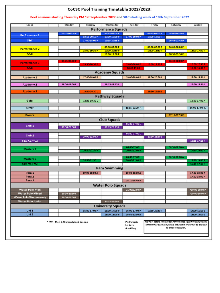 2022/2023 Swimming Training Schedule | PDF