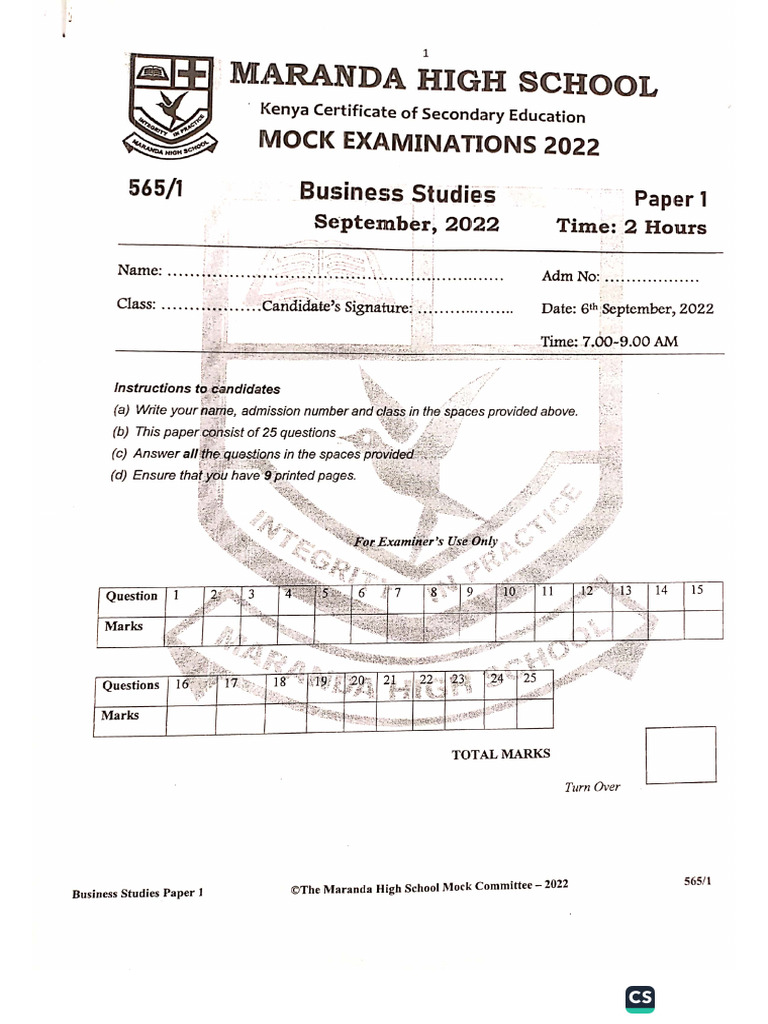 Business Studies P1 MS Maranda High School Mock 2022 | PDF