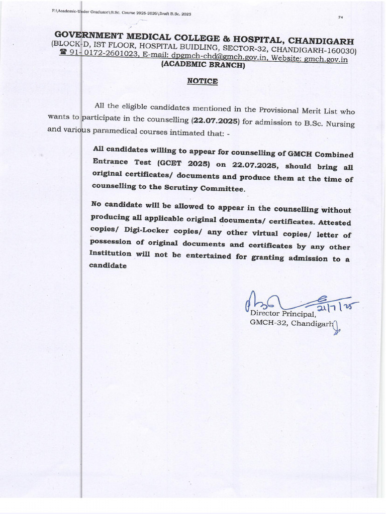 Notice Regarding Bringing of Original Documents Certificates at The ...
