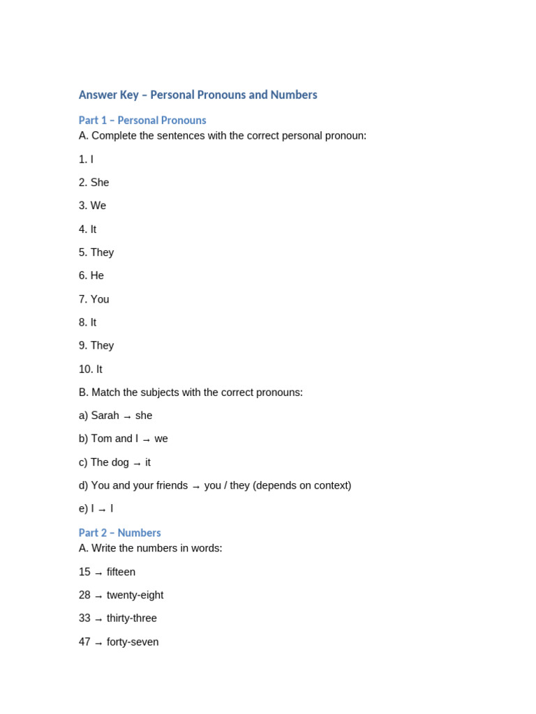 Answer Key Personal Pronouns and Numbers | PDF