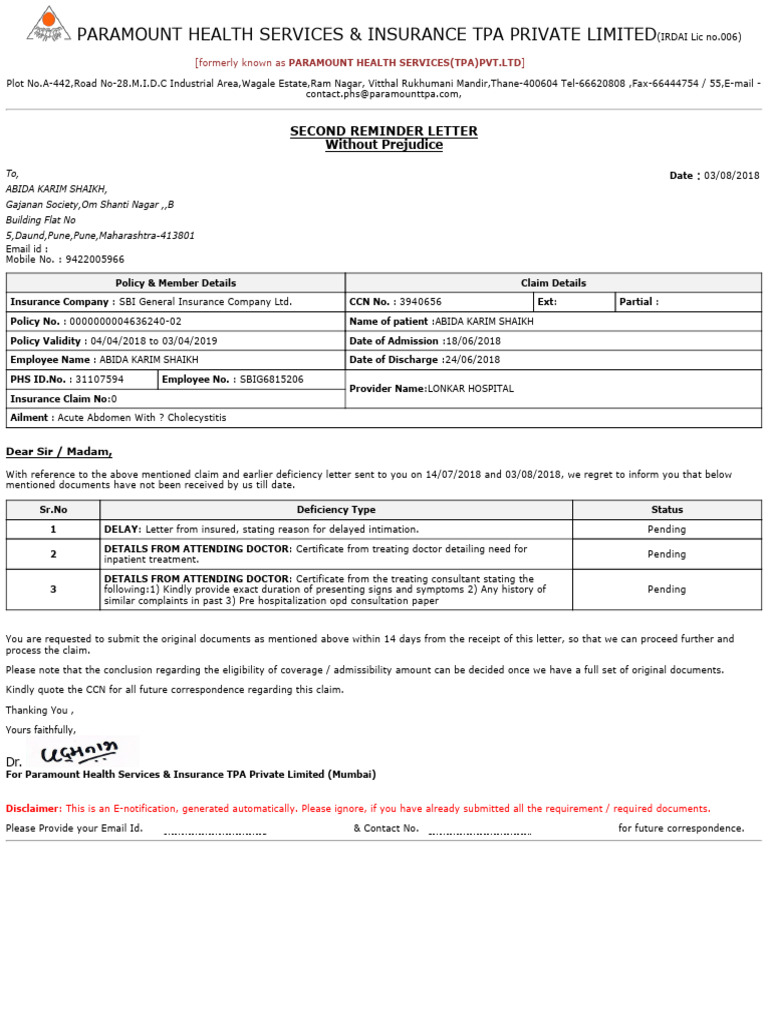 Second Reminder for Insurance Claim Documents | PDF | Social Programs ...