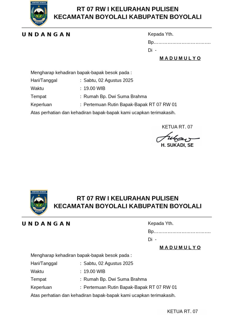 Undangan Pertemuan RT 07 RW 01 | PDF
