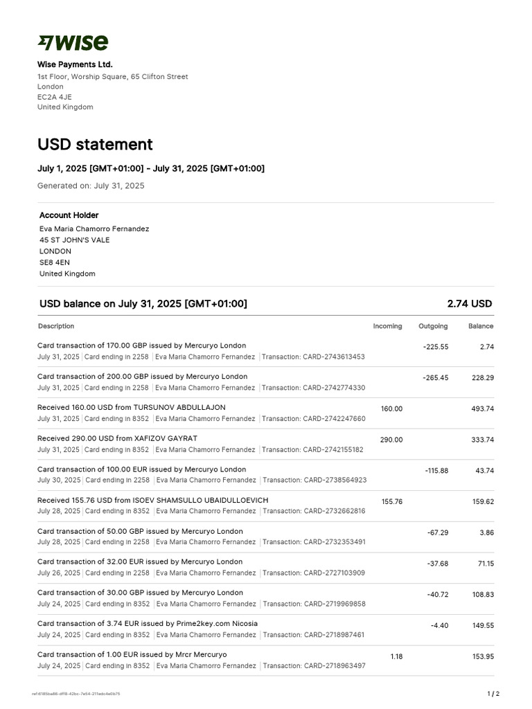 July 2025 USD Statement for Eva Chamorro | PDF | Money | Financial Markets