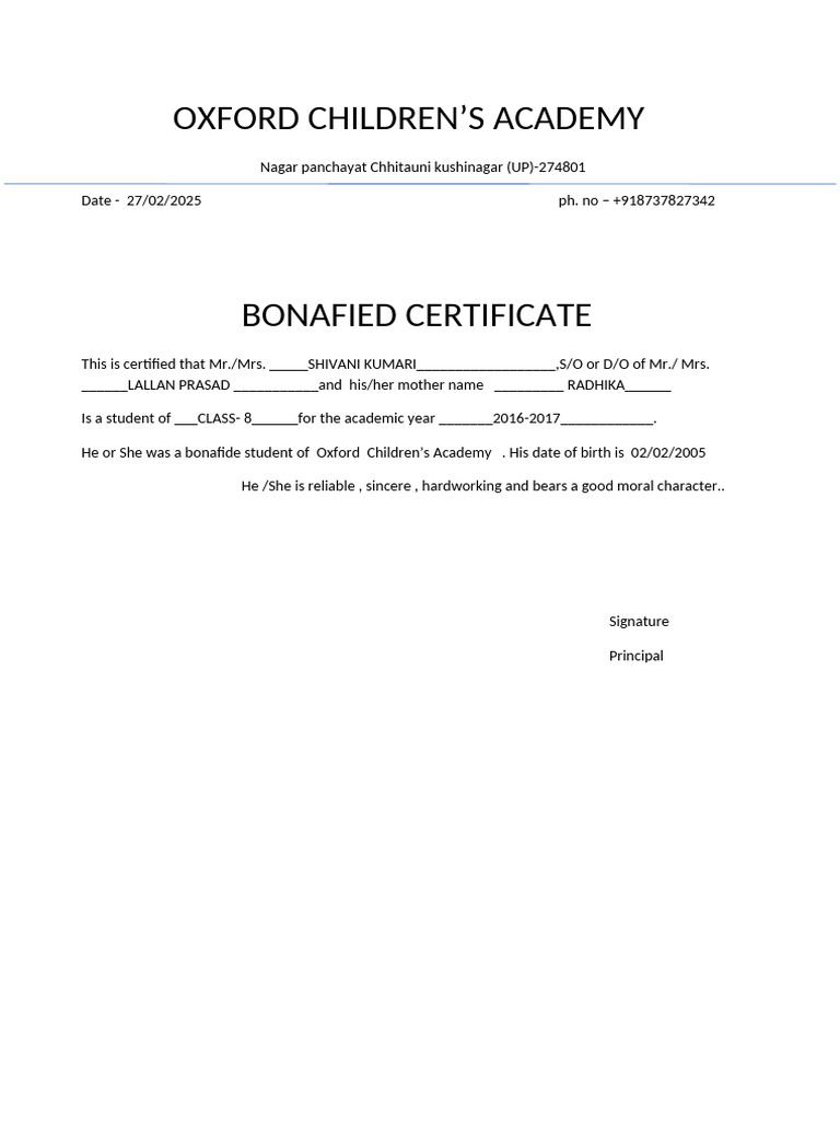 Bonafied Certificate SHANEE | PDF
