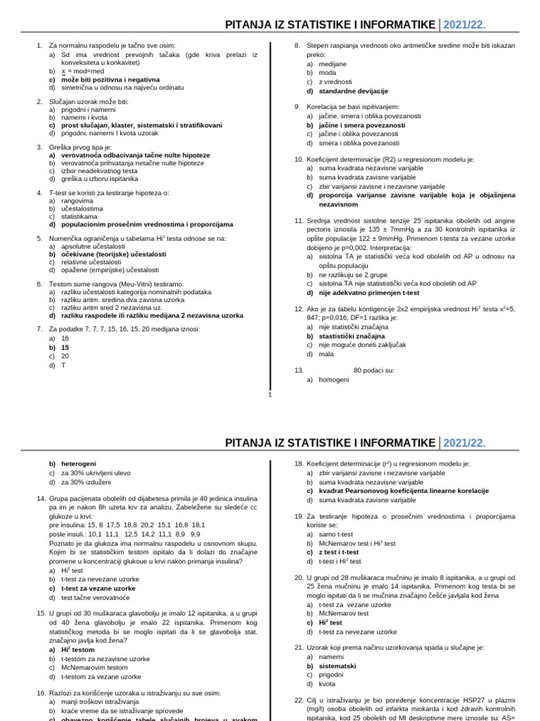 Pitanja Iz Statistike I Informatike | PDF