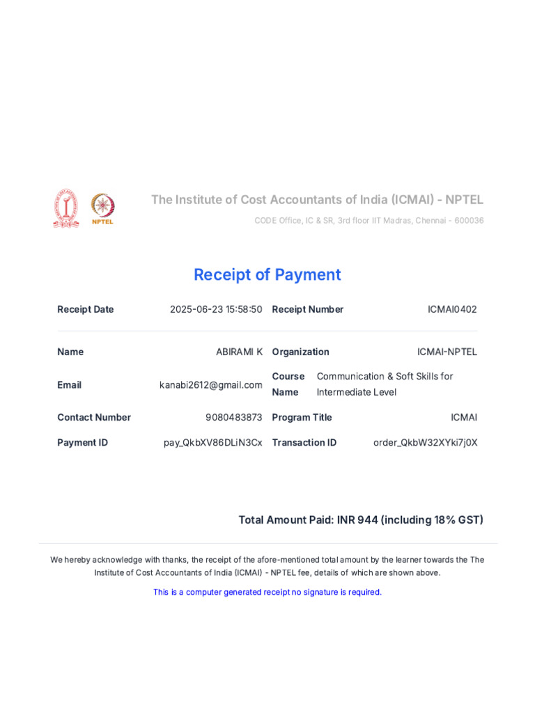 Payment Receipt - ICMAI-NPTEL Program | PDF
