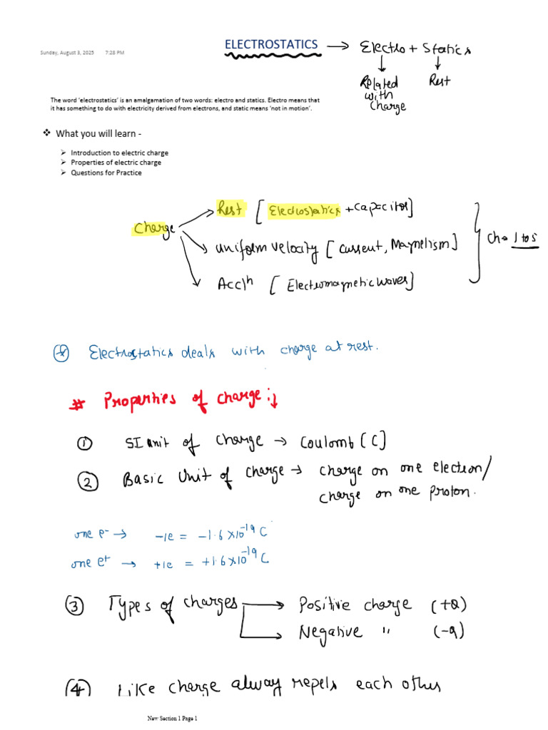 Physics - Electrostatics - Class - 01 | PDF | Electric Charge | Electron