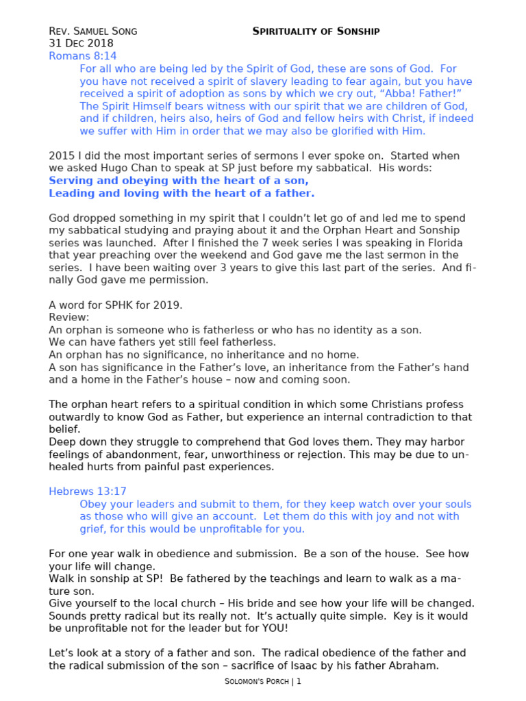 Pastor Samuel Song - Spirituality of Sonship | PDF | Isaac | Abraham