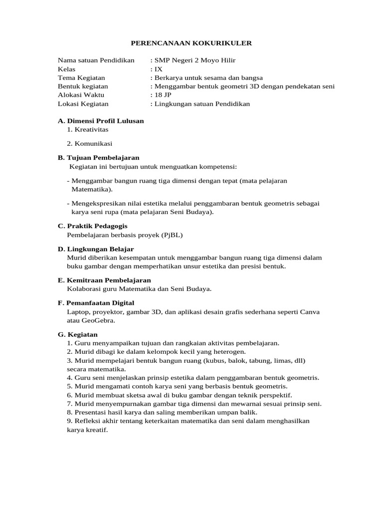 Perencanaan Kokurikuler MTK Dan SBD | PDF