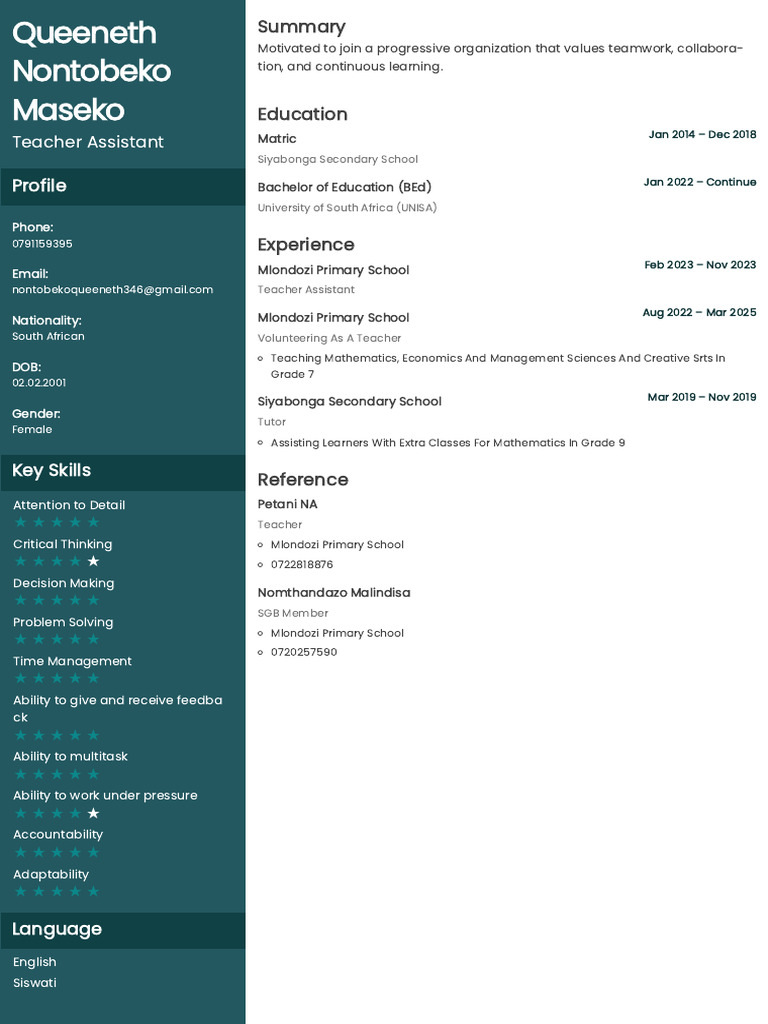 Queeneth Nontobeko Resume 760 073652 | PDF