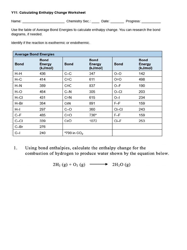 Enthalpy Change Calculation Worksheet | PDF