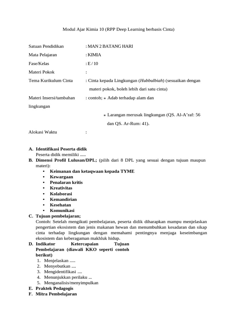 Modul Ajar Kimia 10 RPP Deep Learning Berbasis Cinta | PDF