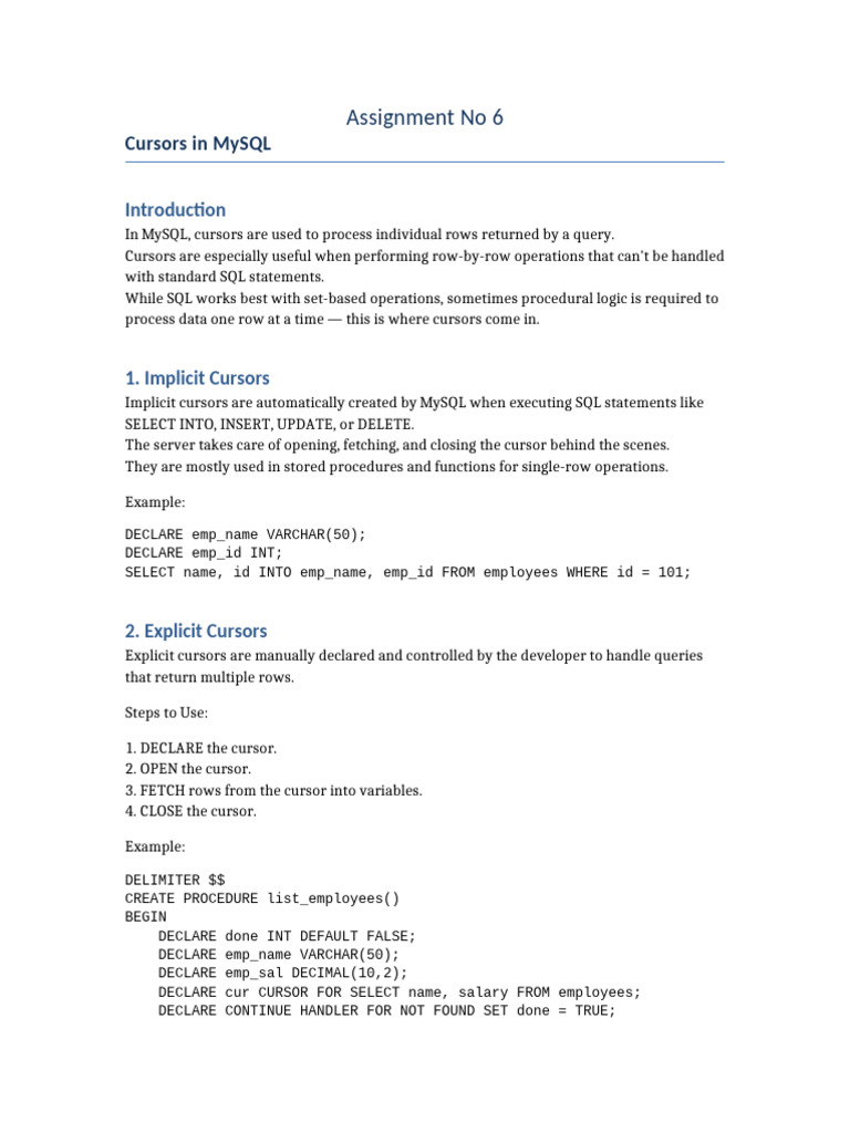 6 MySQL - Cursors - Writeup | PDF | Pl/Sql | Programming Paradigms