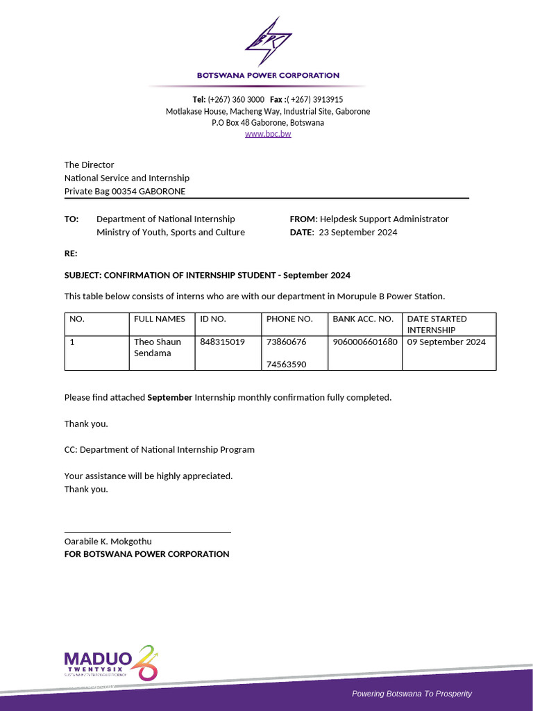 Confirmation of Internship Student | PDF