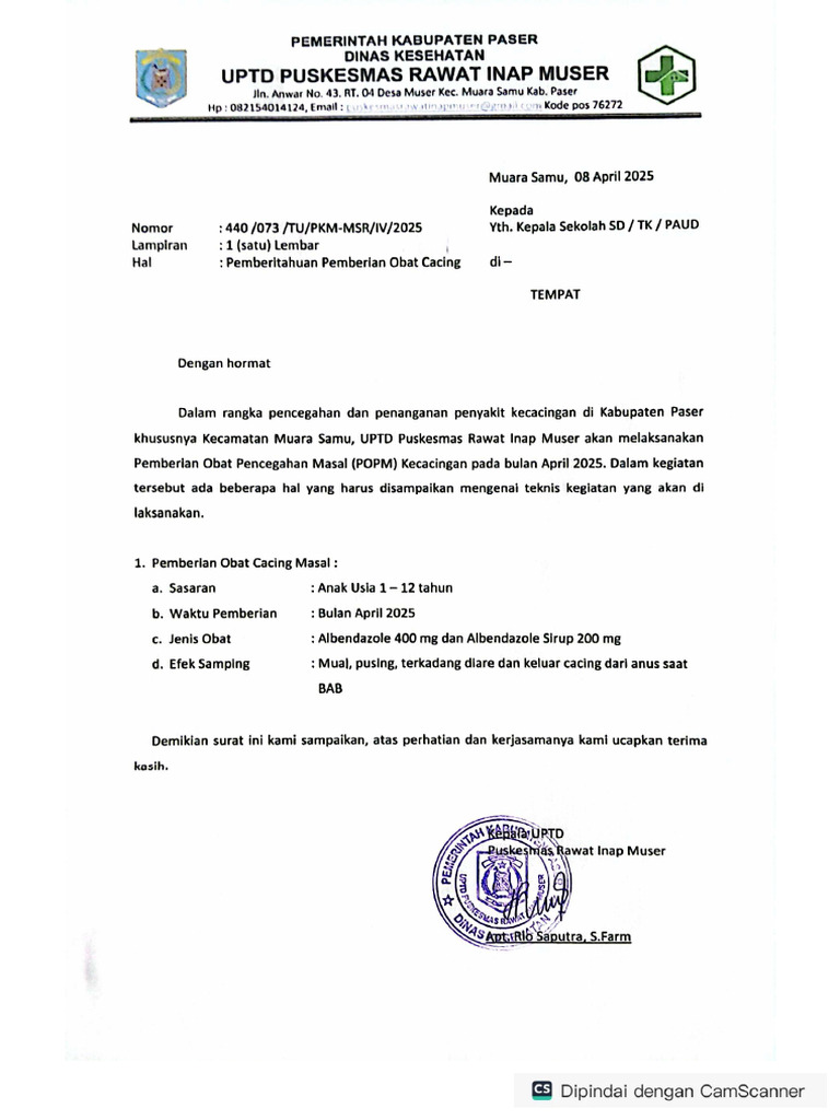 Surat Pembagian Obat Cacing | PDF