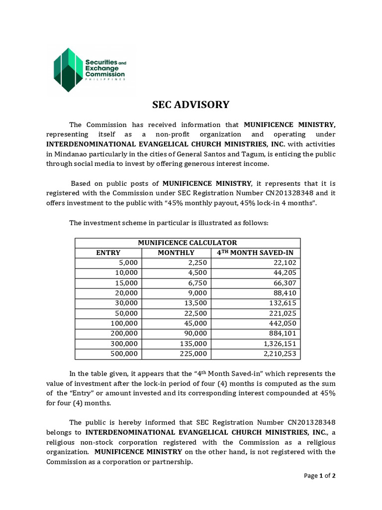 SEC Warning on Munificence Ministry | PDF | Securities (Finance ...
